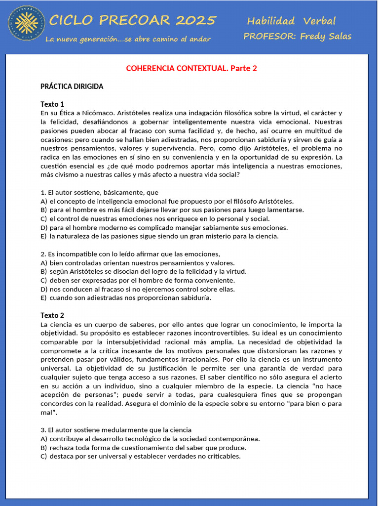 Coherencia Textual Miércoles Práctica Dirigida Semana 6. EDITADO | PDF | Las emociones ...