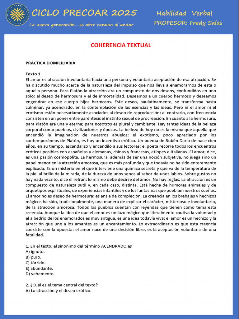 Coherencia Textual Práctica Domiciliaria Semana 6. EDITADO | PDF | Amor | Aprendizaje