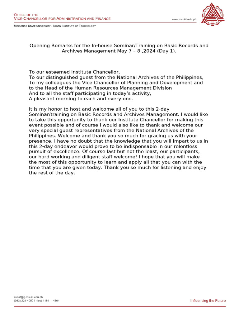 Opening Remarks Speech For The In-House Training Seminar On Basic ...