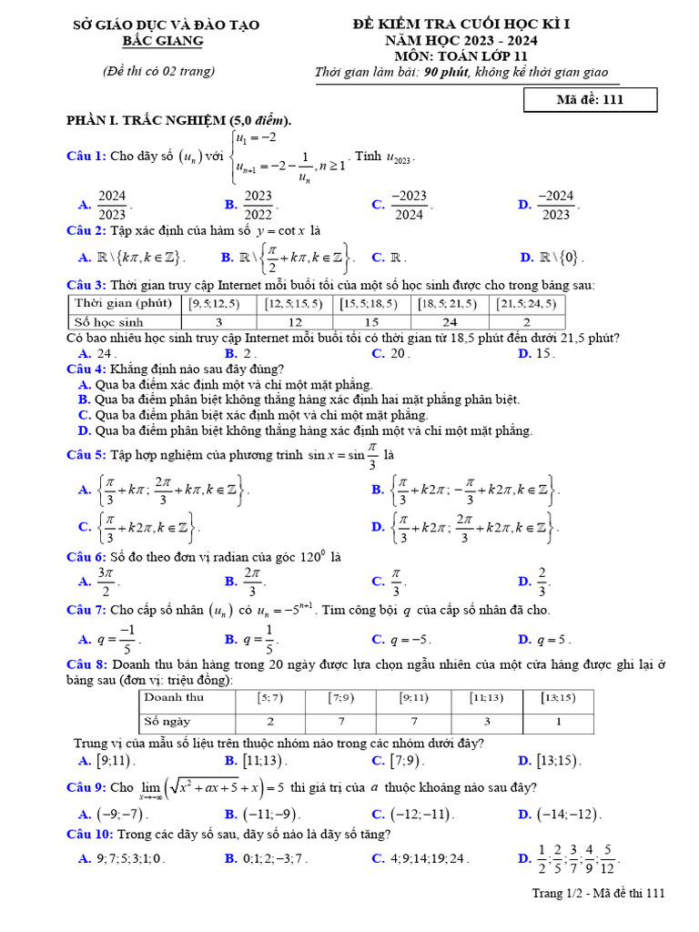 De Kiem Tra Cuoi Hoc Ki 1 Toan 11 Nam 2023 2024 So GDDT Bac Giang | PDF