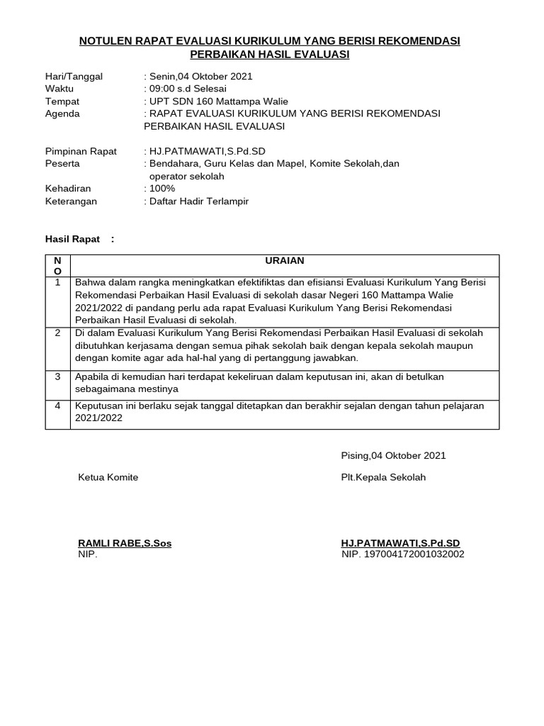 37.notulen Rapat Evaluasi Kurikulum Yang Berisi Rekomendasi Perbaikan ...