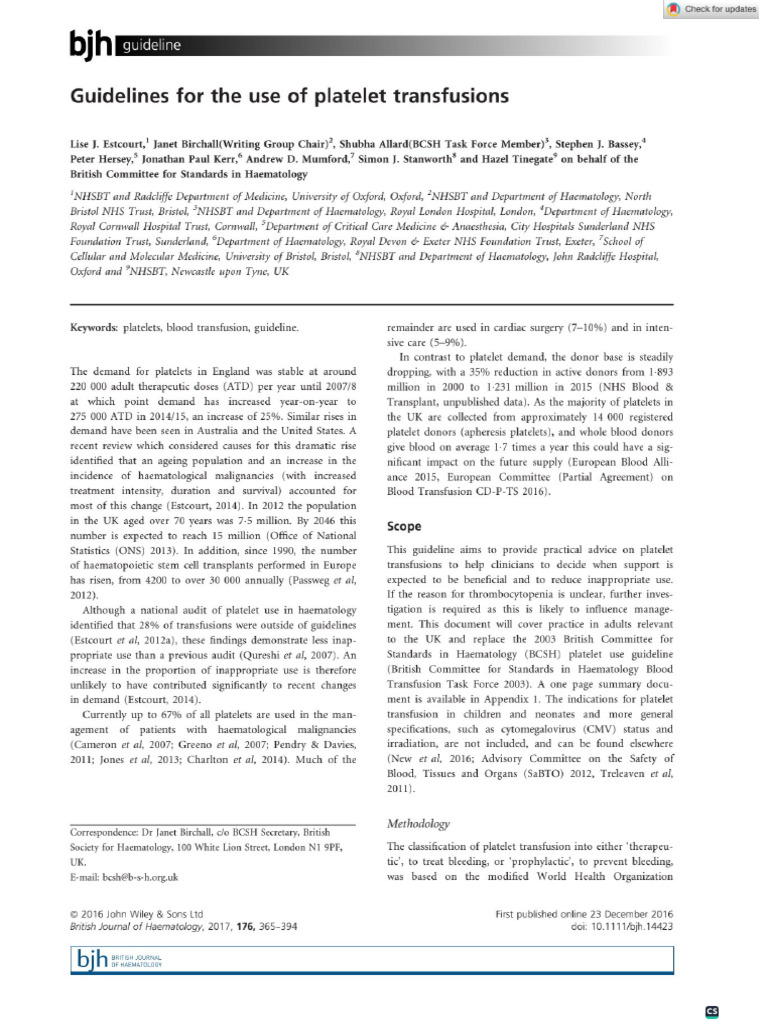 Br J Haematol - 2016 - Estcourt - Guidelines for the use of platelet transfusions | PDF