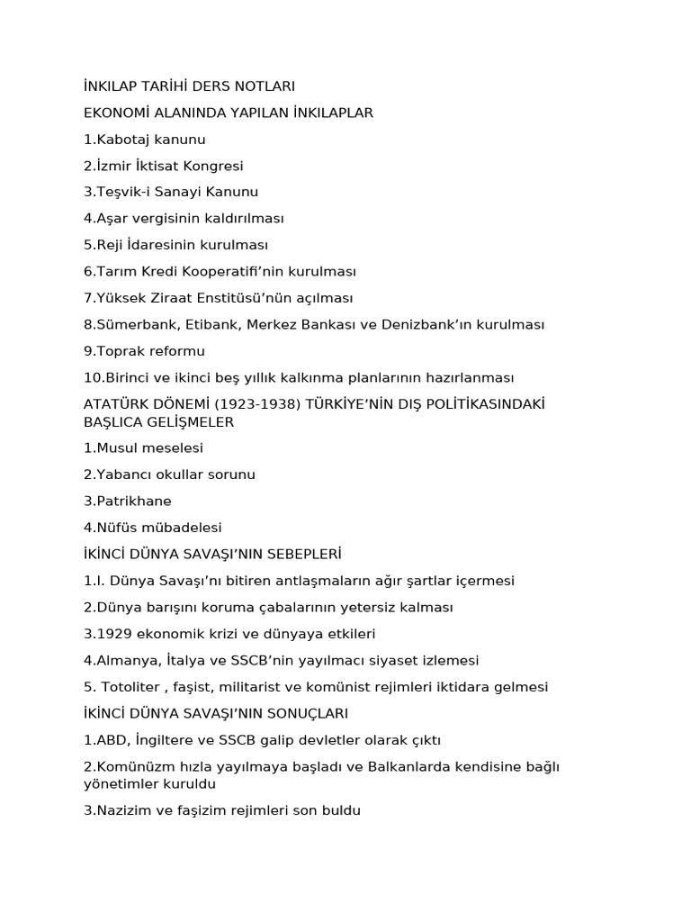 Inklap Tarihi Ders Notları | PDF