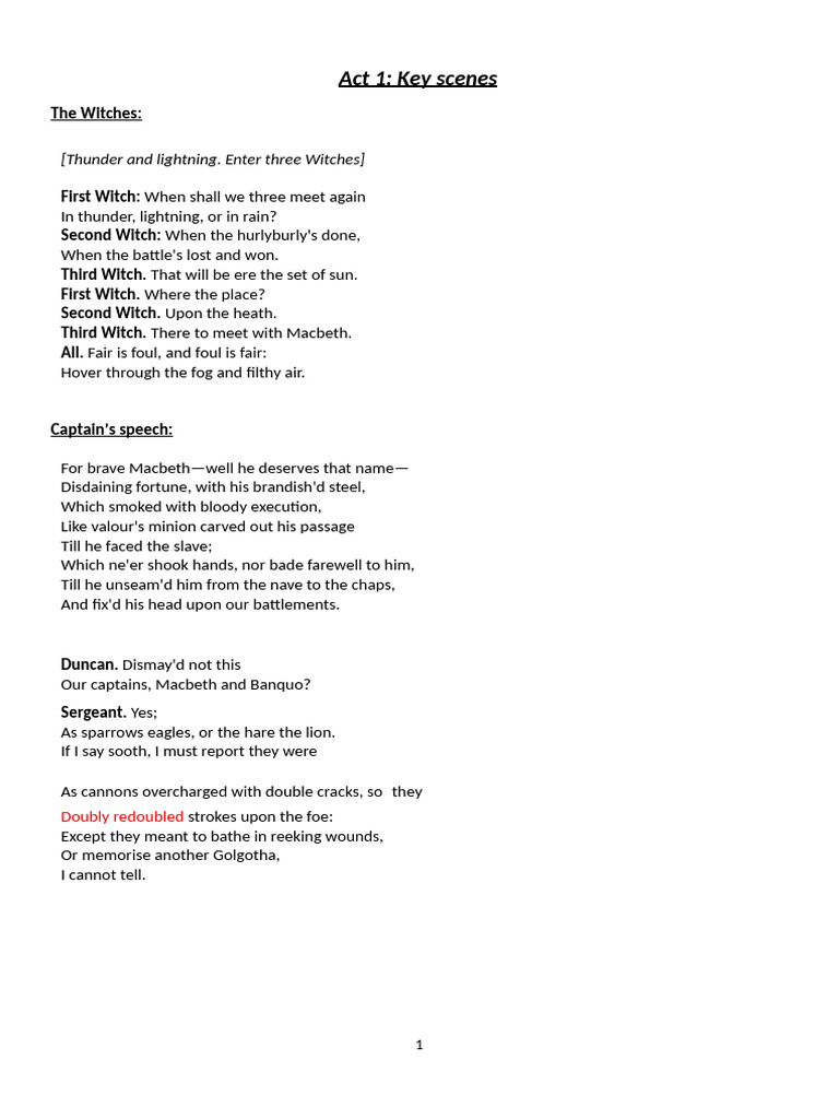 Key Scenes from Macbeth Act 1 | PDF | Macbeth | Shakespearean Tragedies