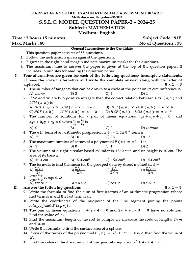 Kseab-Maths-Qp-2024-25 Model-2-Em | PDF | Quadratic Equation | Area