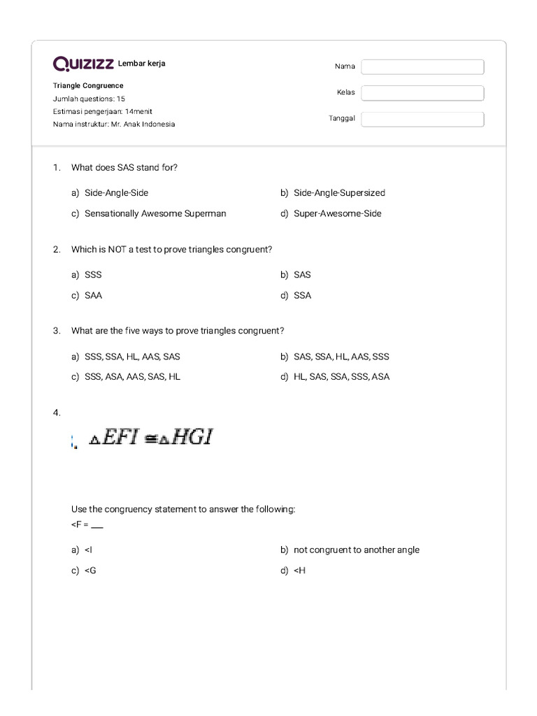 Triangle Congruence Worksheet Quiz | PDF | Euclidean Geometry | Euclid