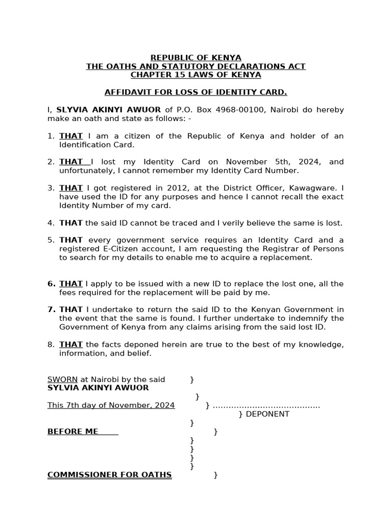 Affidavit for Lost ID Card in Kenya | PDF