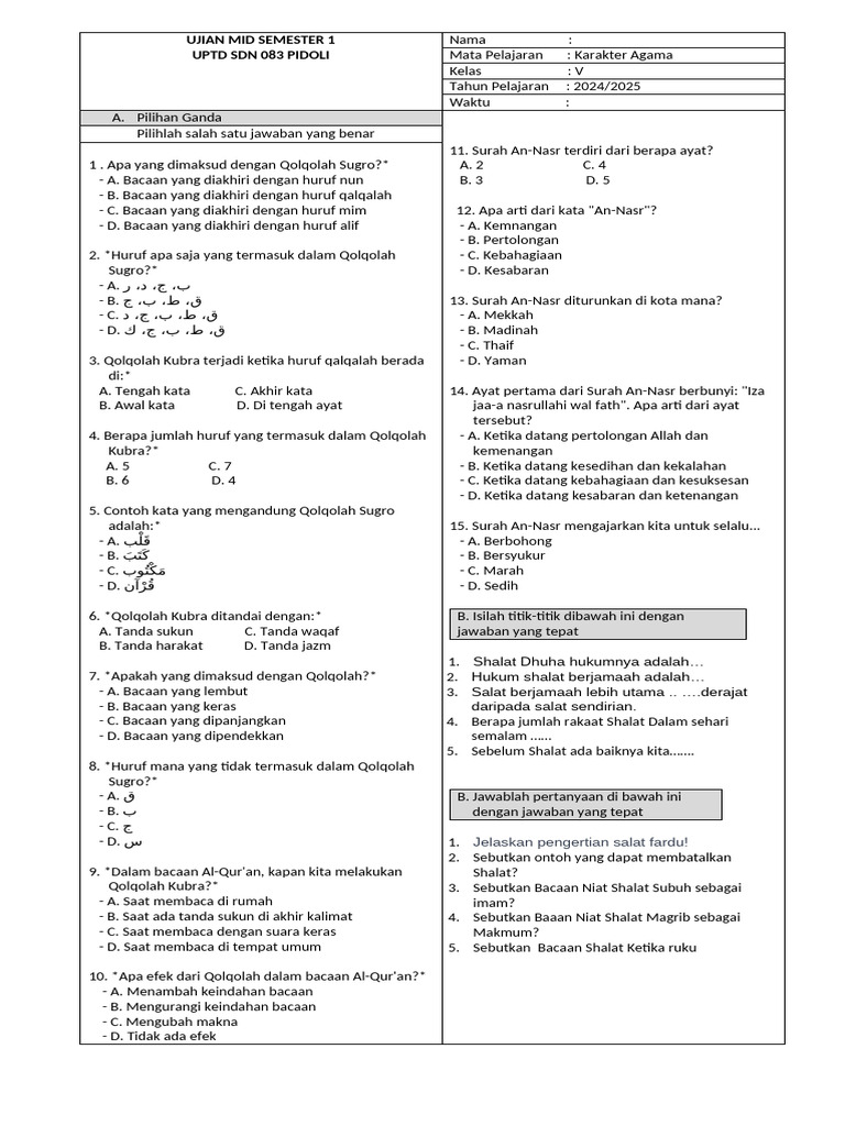 soal ujian Mid Semester kls VKarakter Agama | PDF