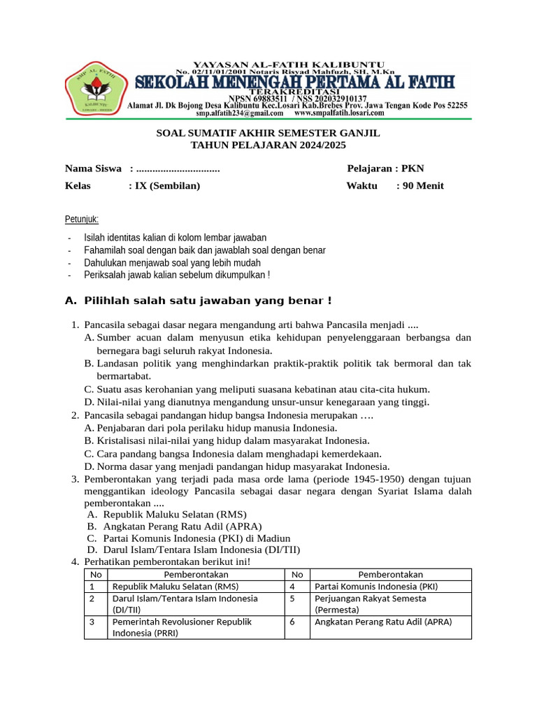 Soal Sumatif Akhir Semester Ganjil PKN Kelas 9 2024 | PDF