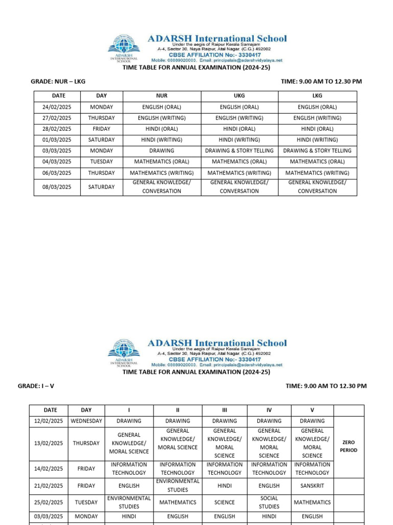 2024-25 Exam Schedule for Grades NUR-XI | PDF | Science