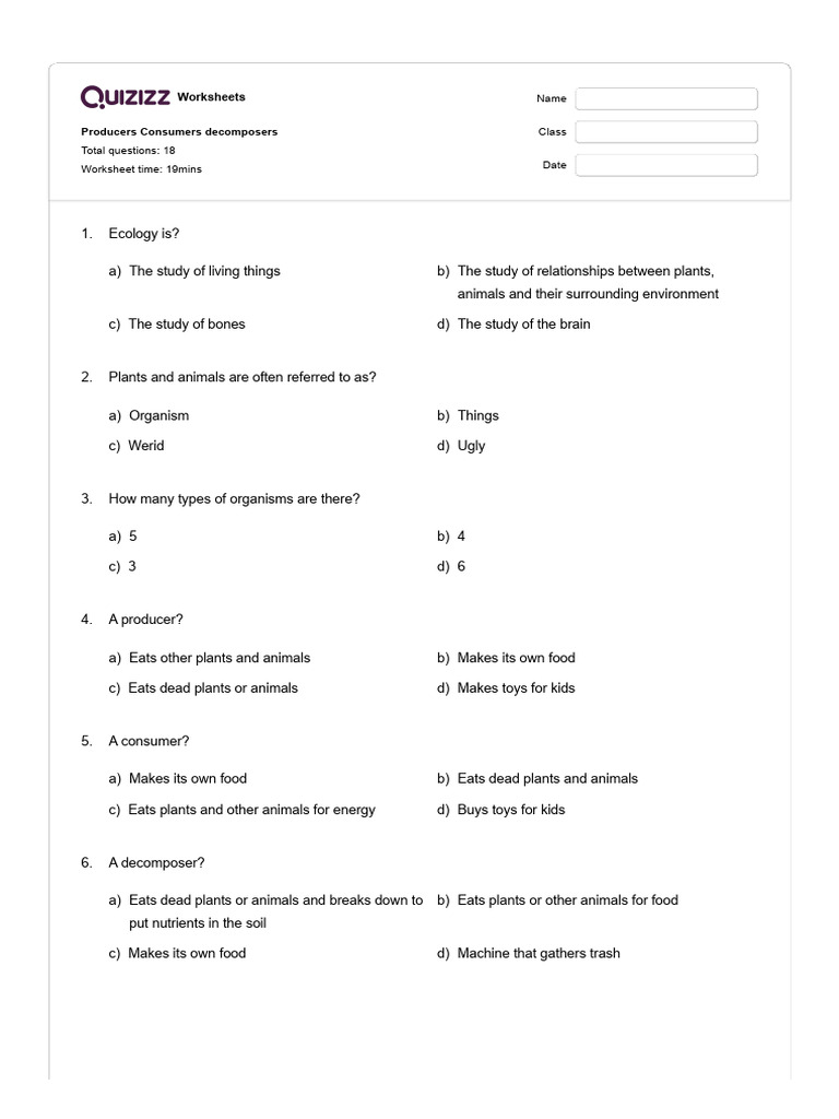 Ecology Worksheets: Producers, Consumers, Decomposers | PDF | Foods ...