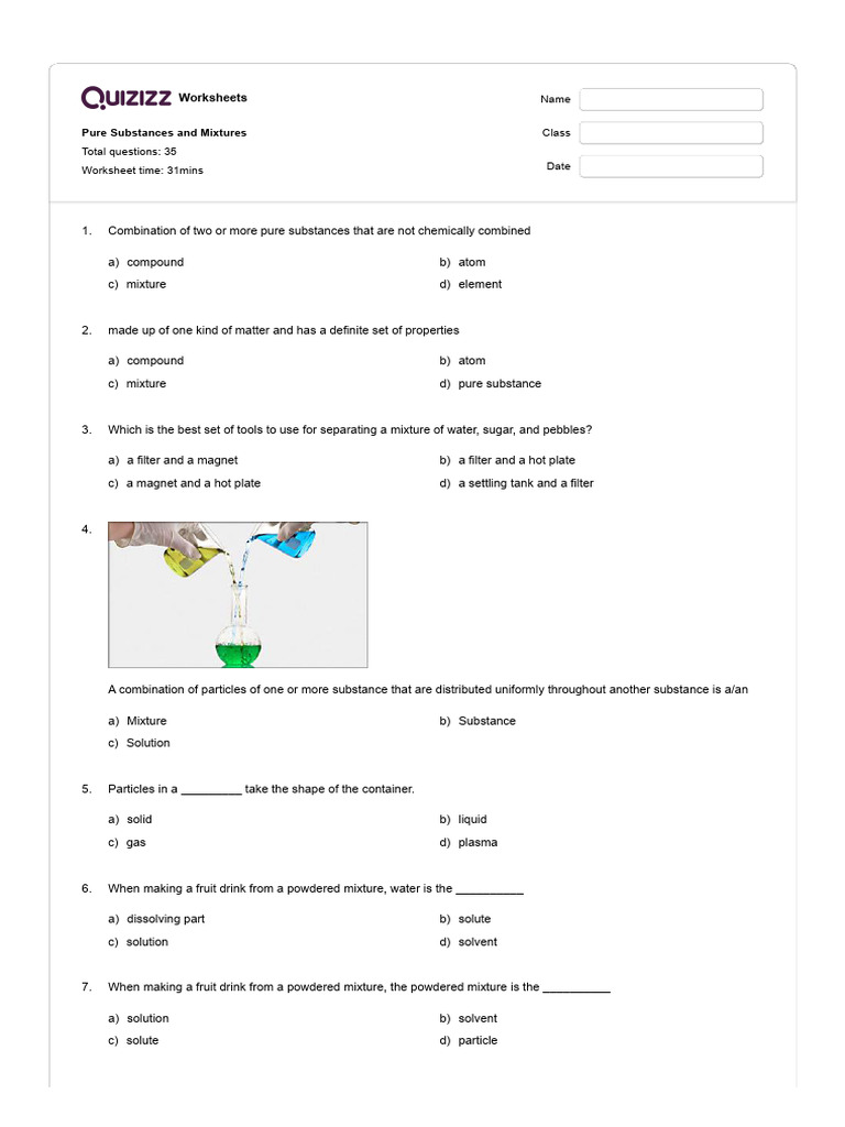 Pure Substances and Mixtures - Quizizz | PDF | Mixture | Chemical ...