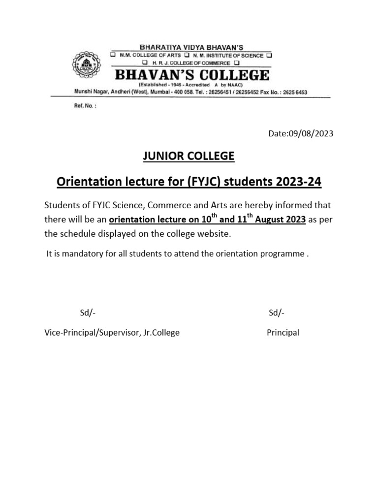 FYJC Orientation Lecture Notice 2023 24 | PDF