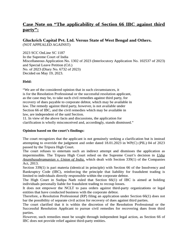Case Note On SECTION 66 IBC Application On Third Party | PDF ...