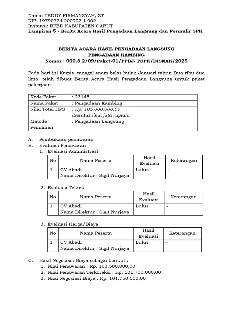 Lampiran 5 - Berita Acara Hasil Pengadaan Langsung Dan Form Surat Perintah Kerja (SPK) Pengadaan ...