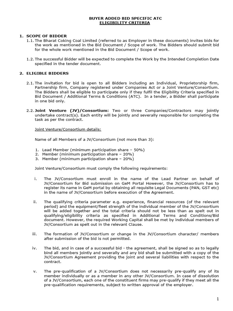 Buyer Added Bid Specific Atc Eligibility Criteria | PDF | Joint Venture | Consortium