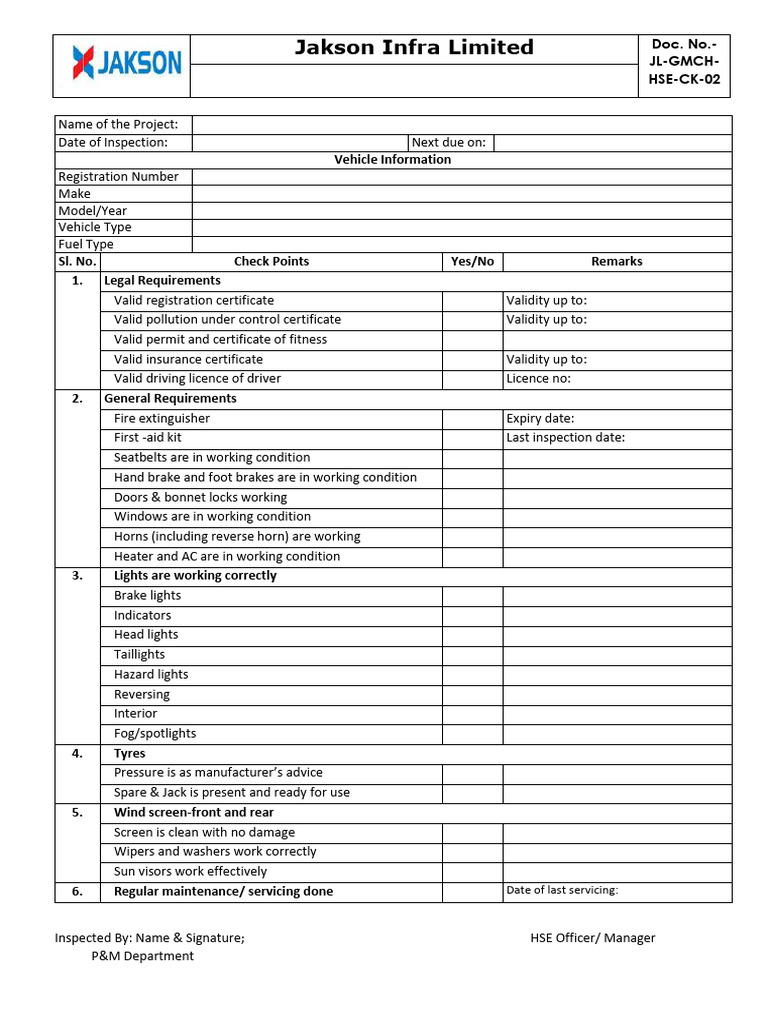 Doc. No.-JL-HSE-CK-02-Vehicle Inspection Checklist | PDF