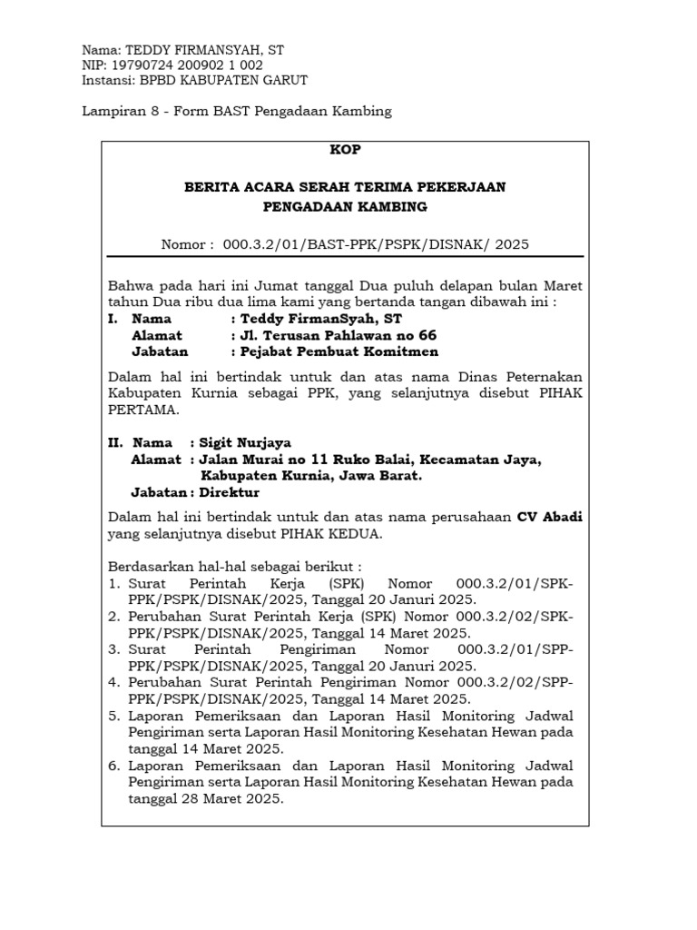 Lampiran 7 - Form BAST Pengadaan Kambing | PDF