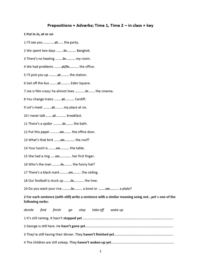 Prepositions Adverbs Time 1 Time 2 Key | PDF