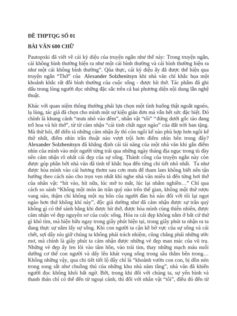 ĐỀ THPTQG SỐ 01- BÀI VĂN 600 CHỮ NLVH | PDF