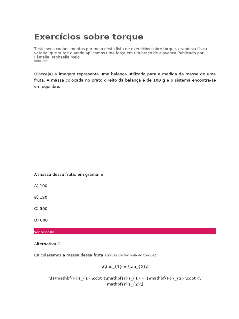 Exercícios Sobre Torque de Alavanca | PDF | Torque | Quantidade