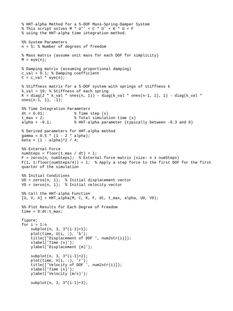 % HHT-alpha Method For A 5-DOF Mass | PDF | Stiffness | Acceleration