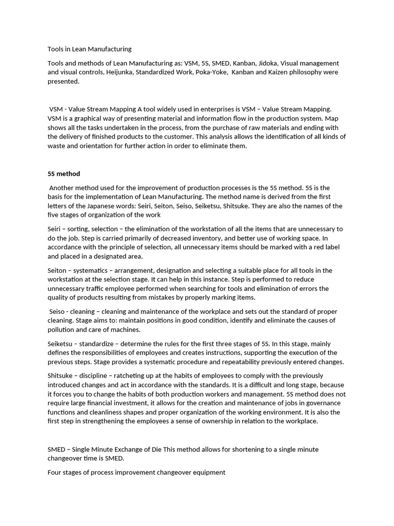 Tools in Lean Manufacturing | PDF | Lean Manufacturing | Secondary ...