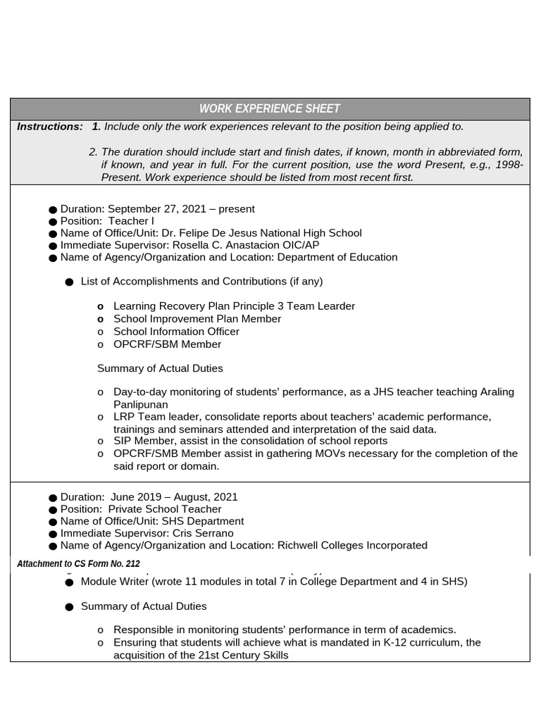 CS Form No. 212 Attachment - Work Experience Sheet | PDF