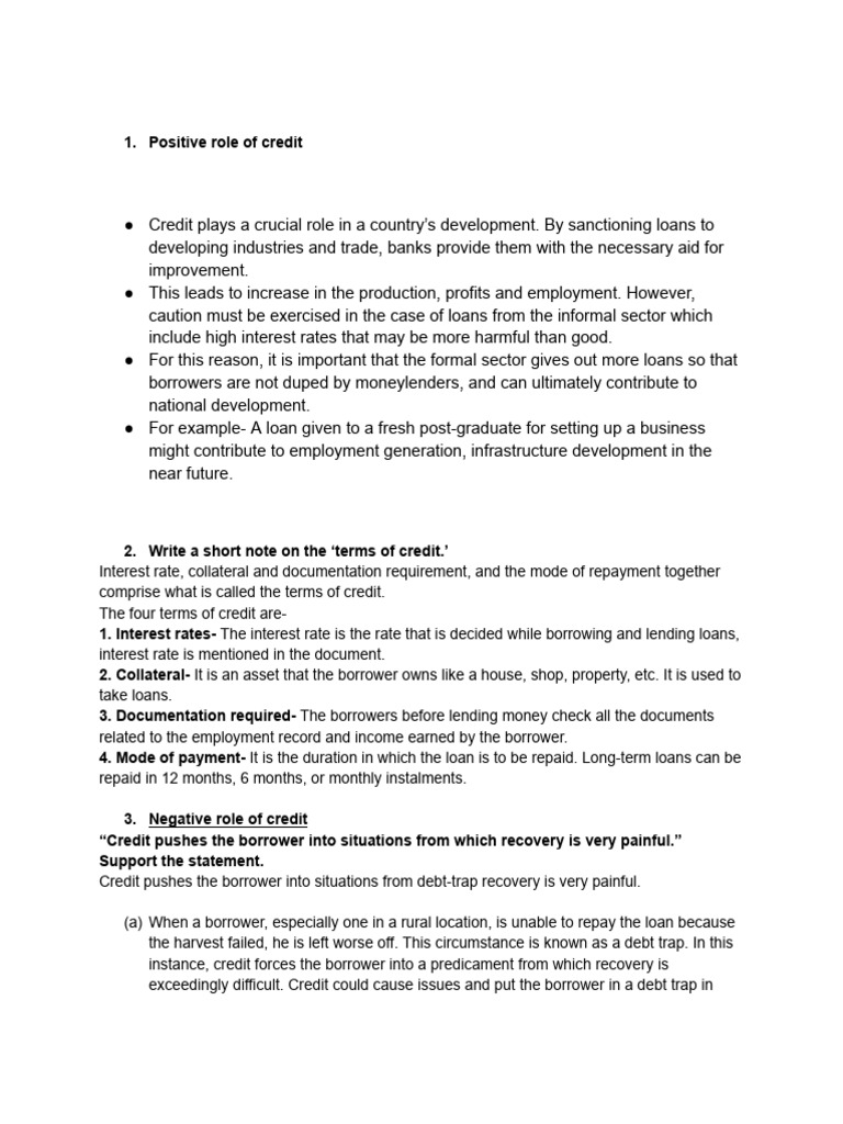 Extra Ques Eco (Money and Credit) | PDF | Loans | Credit