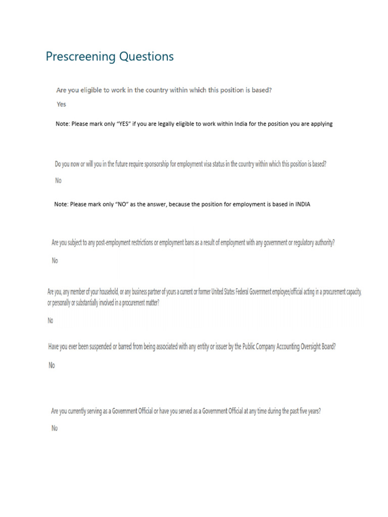 How to fill Pre-Screening Questions | PDF