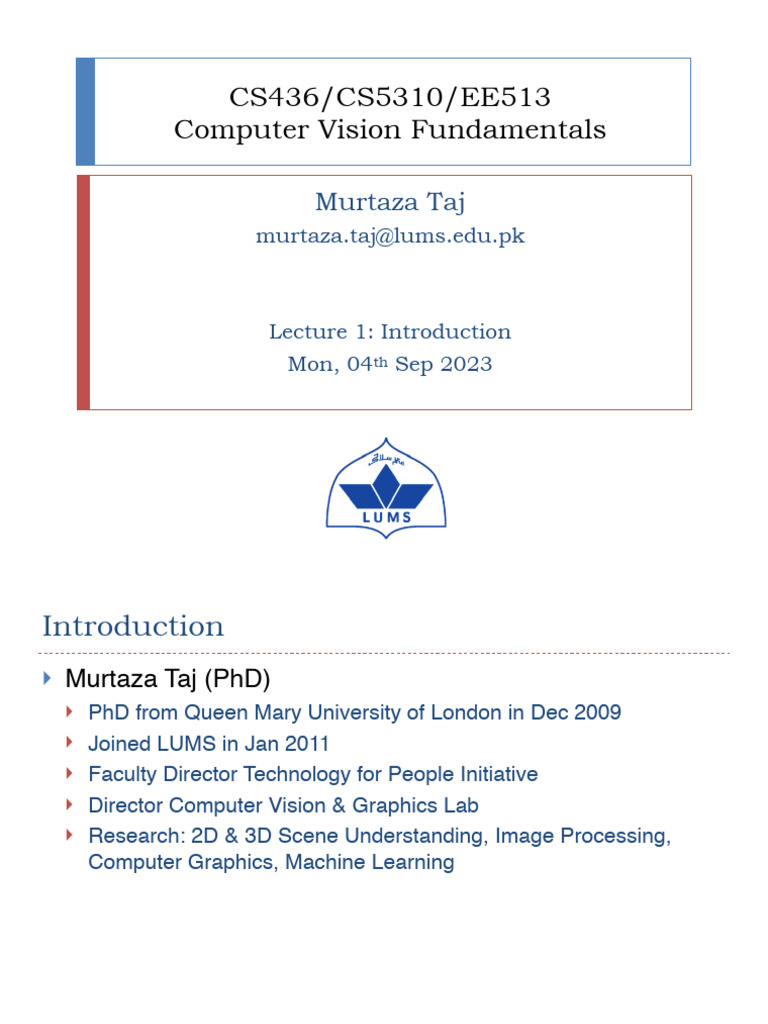 CS436 CS5310 EE513 L01 Introduction | PDF | Computer Vision | Artificial Intelligence