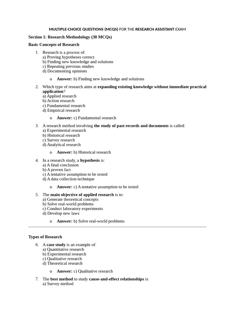 Research Assistant Exam MCQs Guide | PDF | Sampling (Statistics) | Methodology
