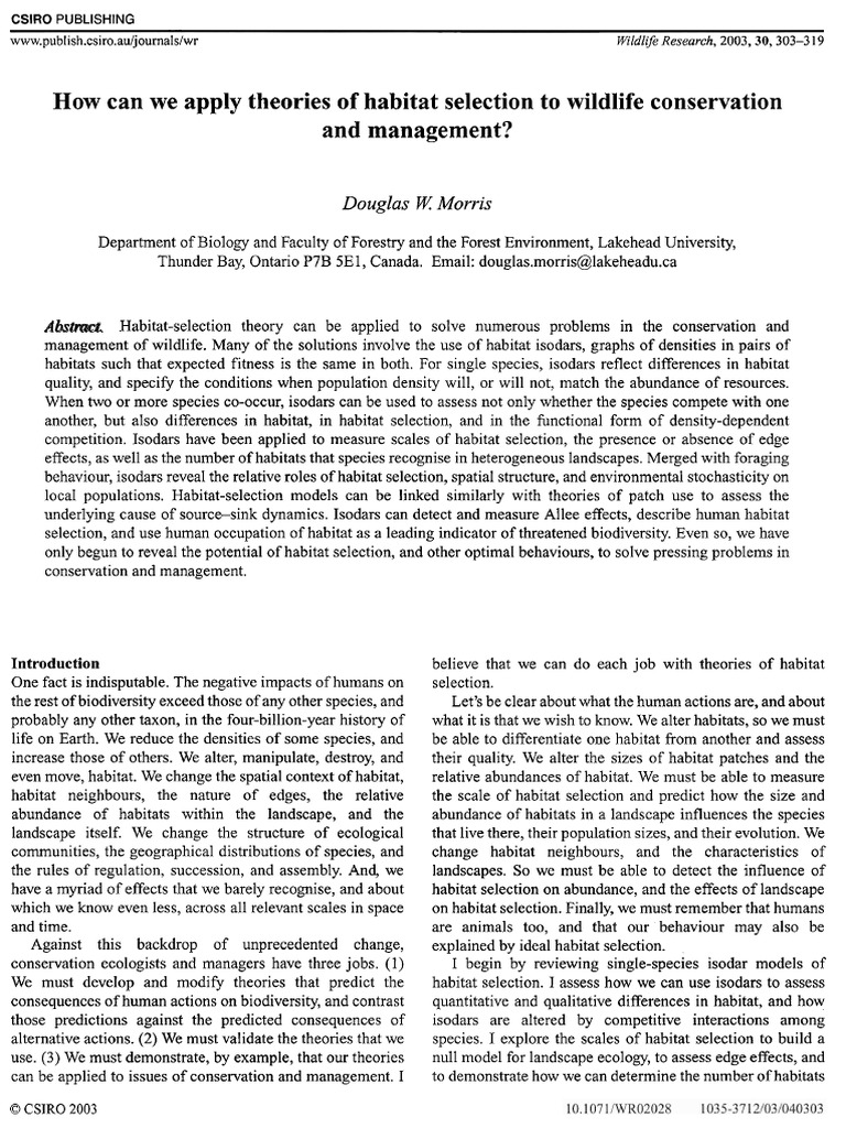 Habitat Selection, Conservation and Managemjent | PDF | Foraging | Ecology