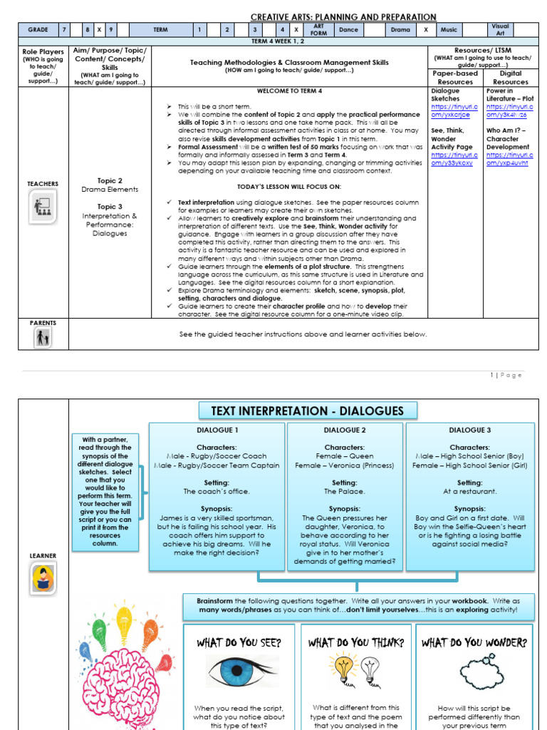 Lesson Plan Gr.8 Creative Arts Drama T4 W1, 2 | PDF | Lesson Plan ...