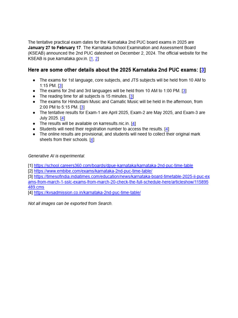 2nd Puc Practical Exam Time Table 2025 Karnataka | PDF