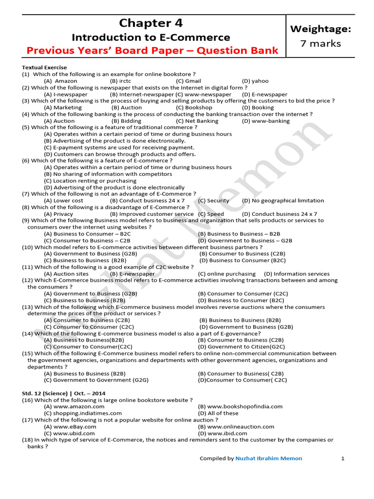 STD 12 Chapter 4 Introduction To E Commerce Textual Exercise and Previous Years Board Papers ...