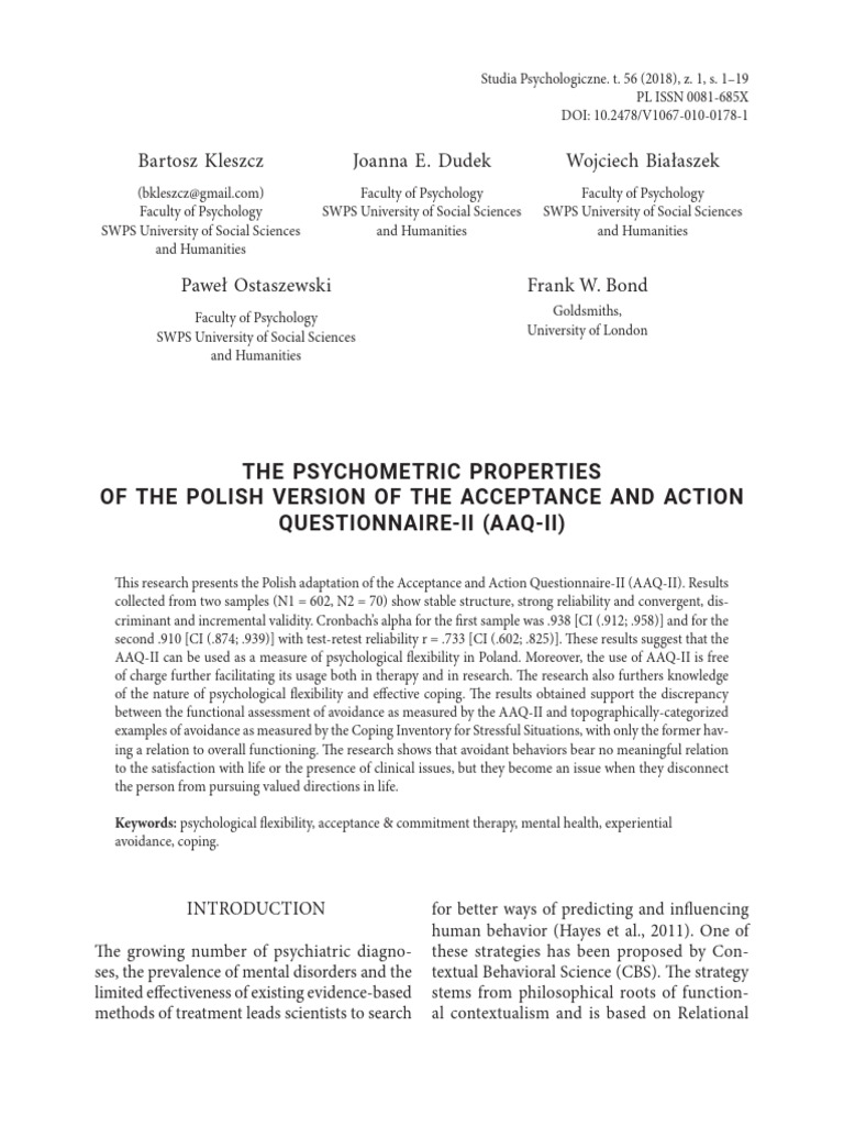 2018 Kleszcz Et Al. The Psychometric Properties of The Polish Version of The Acceptance and ...