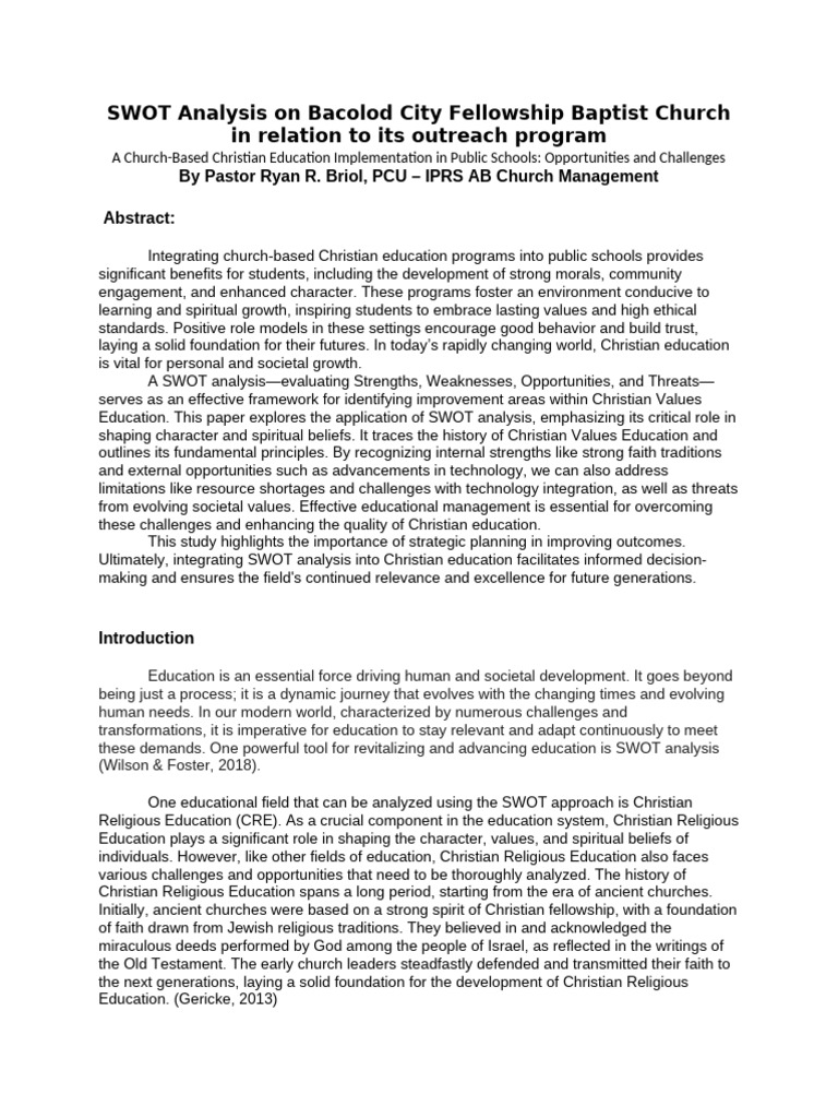 FINAL SWOT Church in Relation To Its Outreach | PDF | Swot Analysis | Faith