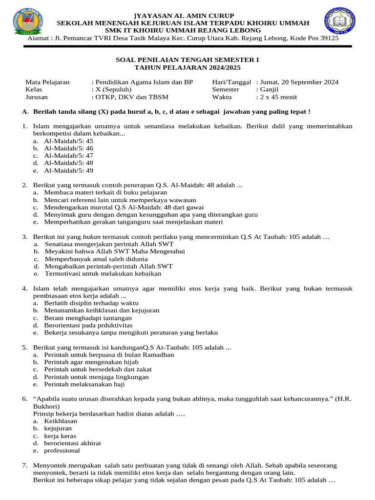 Soal PTS PAI SMT 1 Kelas X 2024 | PDF