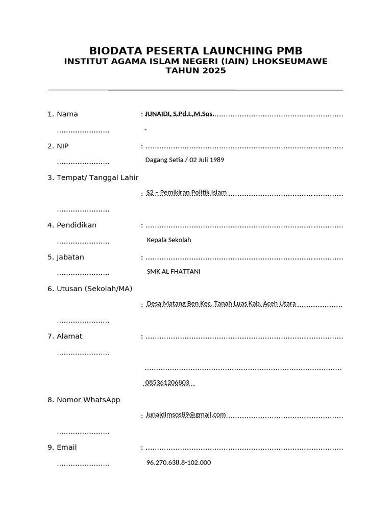 Biodata Peserta Launching Pmb_junaidi | PDF