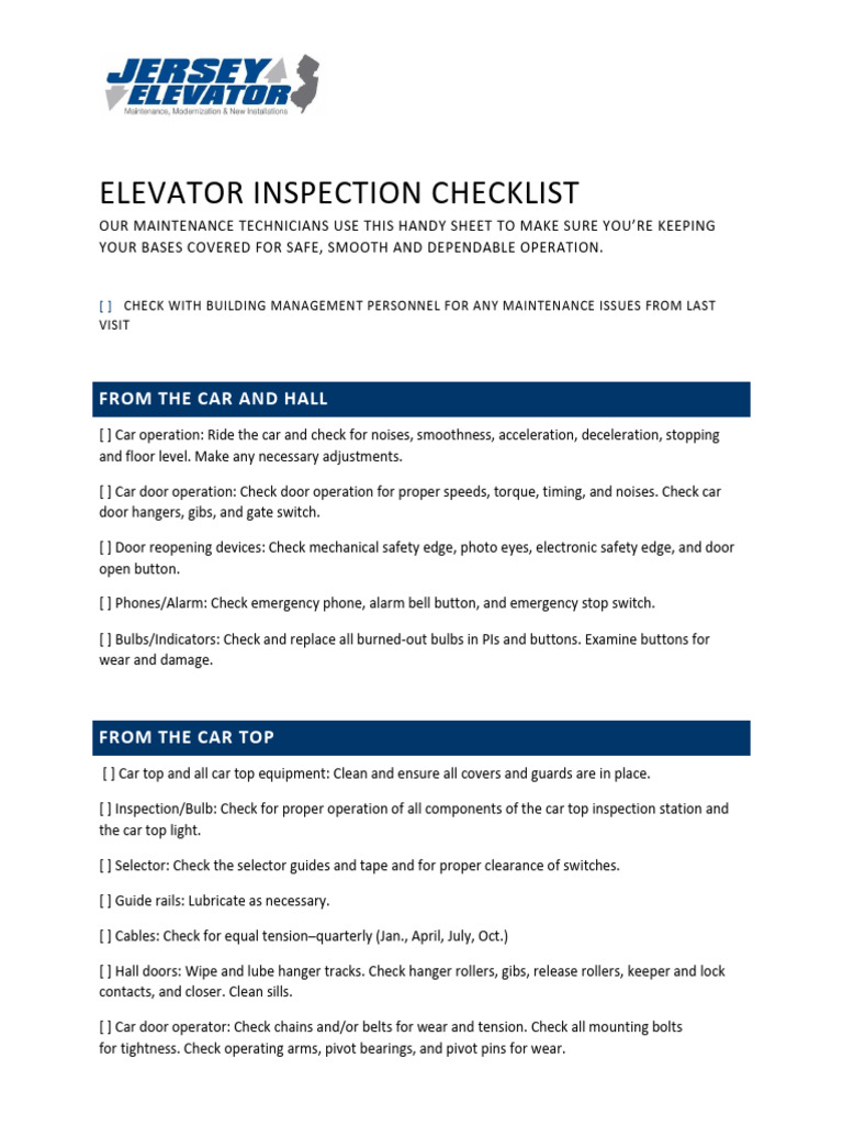 Elevator Maintenance Checklist | PDF | Elevator | Lubricant