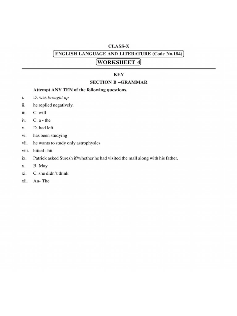 CBSE English Class X Sample Worksheet 4 Key | PDF