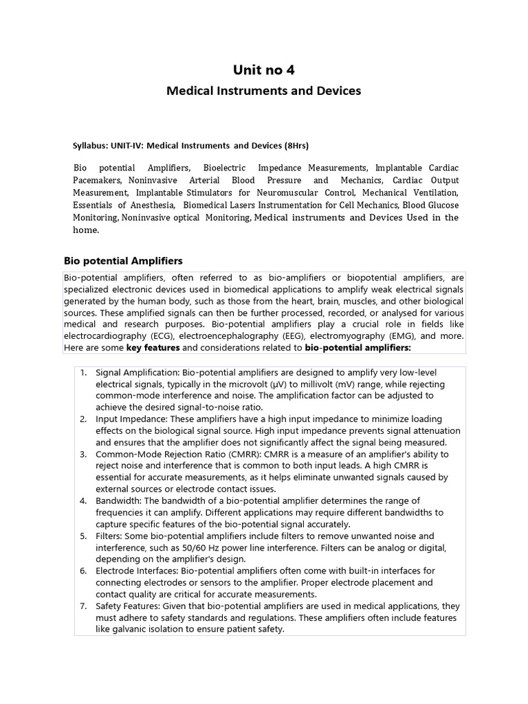 Unit-4 Medical Instruments and Devices | PDF | Anesthesia | Artificial Cardiac Pacemaker