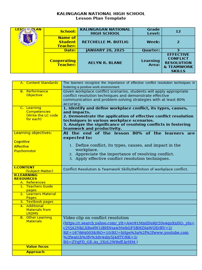 Lesson-Plan-DepEd-CONFLICT RESOLUTION | PDF | Learning | Conflict ...