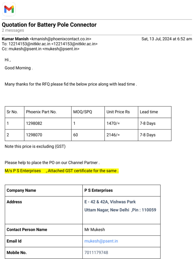 Battery Pole Connector Quote | PDF