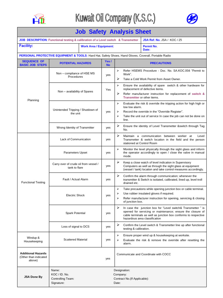 JSA - Level Switch | PDF | Manufactured Goods | Equipment