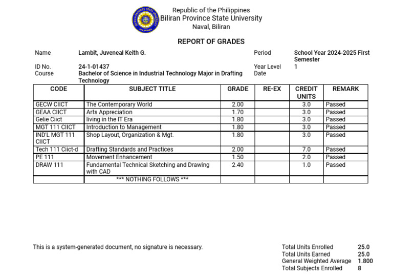 Report of Grades: Code Subject Title Grade Re-Ex Credit Units Remark | PDF