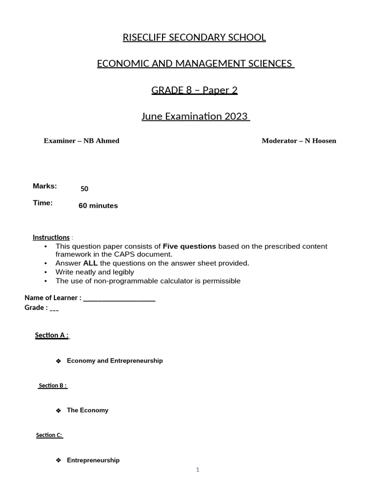 Grade 8 EMS June Exam Paper 2 2023 | PDF | Taxes | Drink