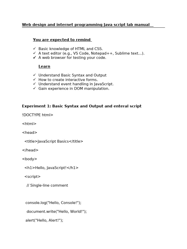 Java Script Lab Manual Edited | PDF | Java Script | Html
