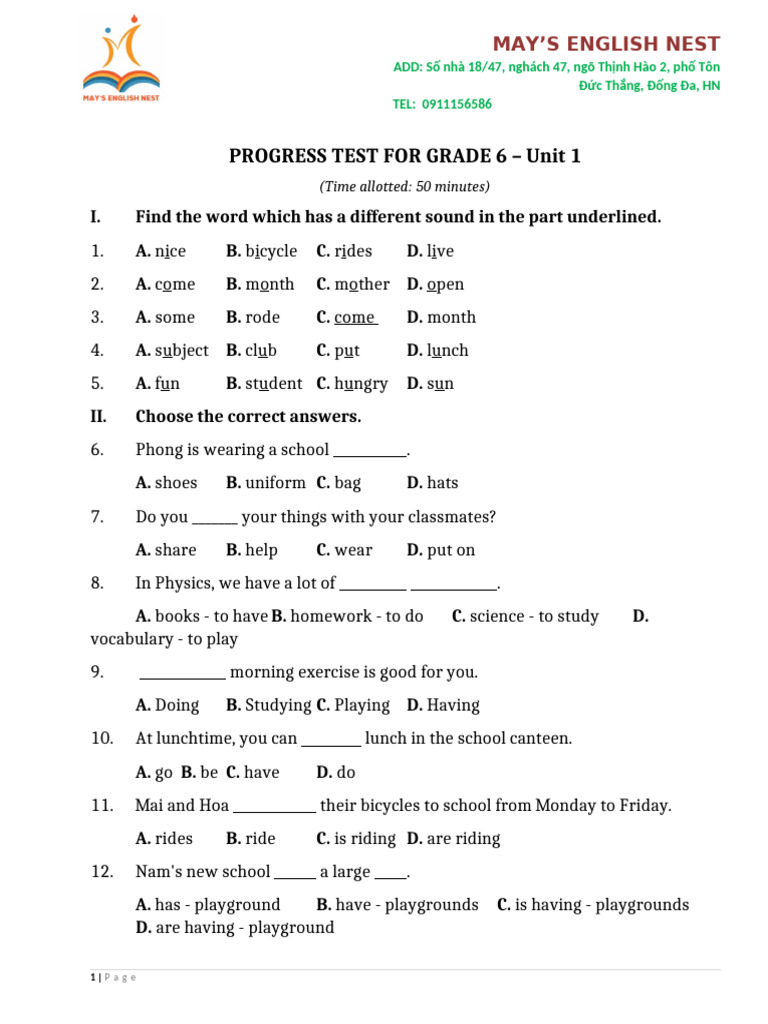 Grade 6 English Progress Test | PDF | Language Mechanics | Syntax